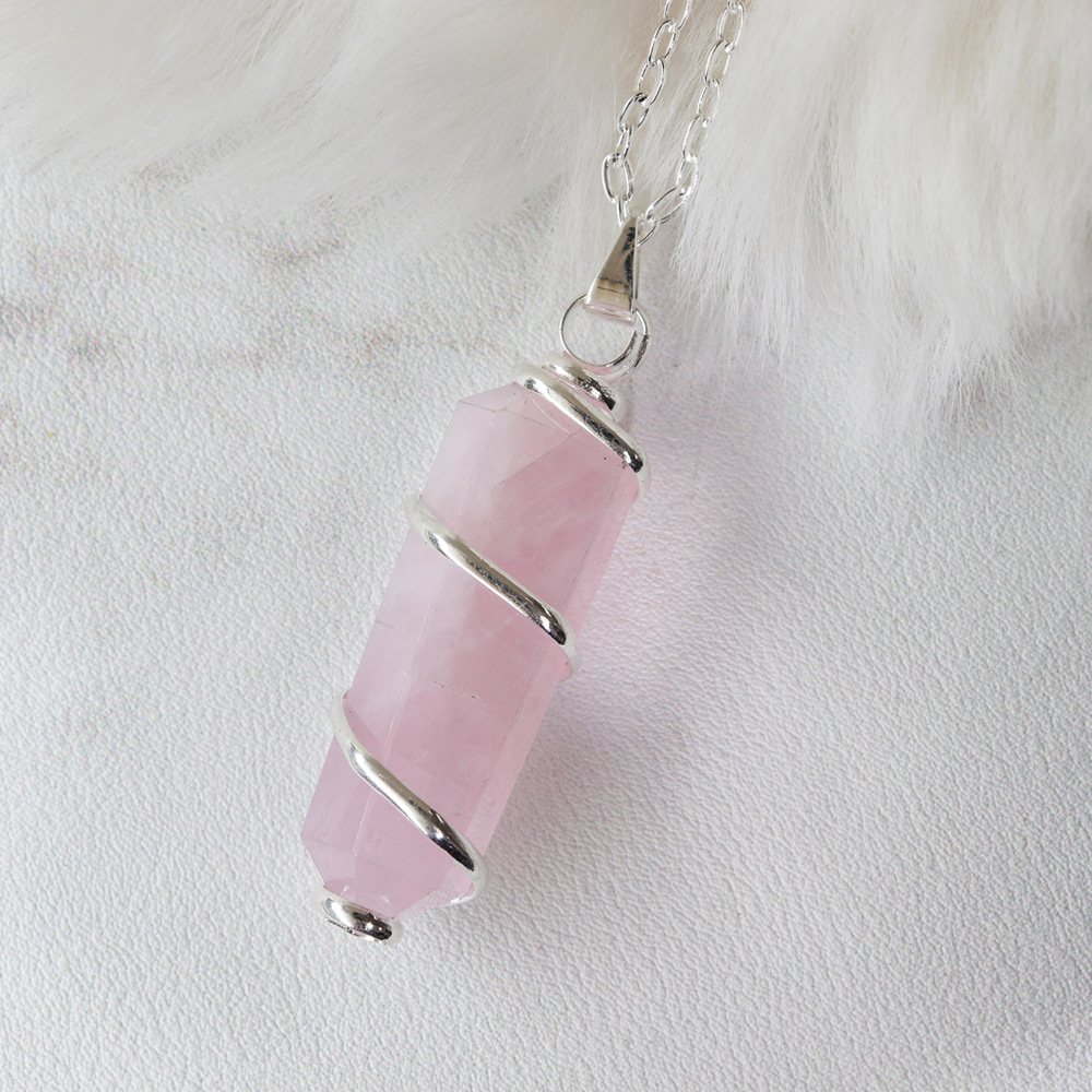 PW103 - Silver Wrapped Rose Quartz Pendant - Nature's Artifacts