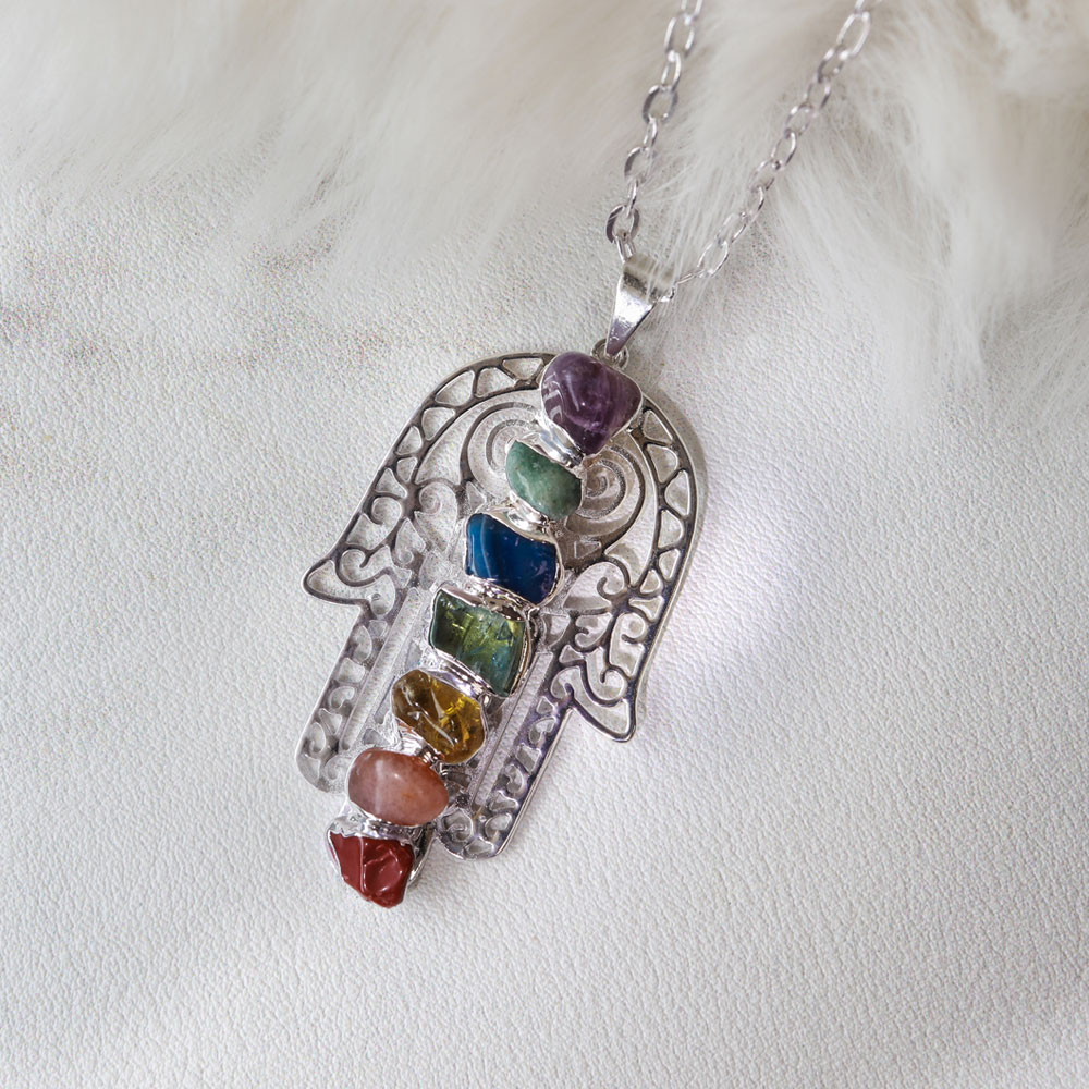 Hamsa Hand Chakra Pendant Silver Plated - Chakra Jewelry - Nature's ...