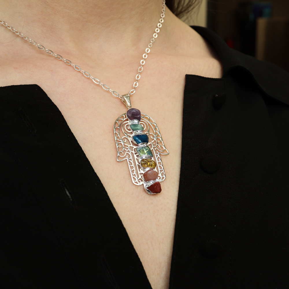 Hamsa Hand Chakra Pendant Silver Plated - Chakra Jewelry - Nature's ...