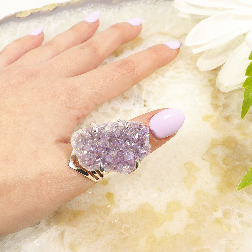 Angel Aura Amethyst Cluster Silver Plated Adjustable Ring - Nature's ...