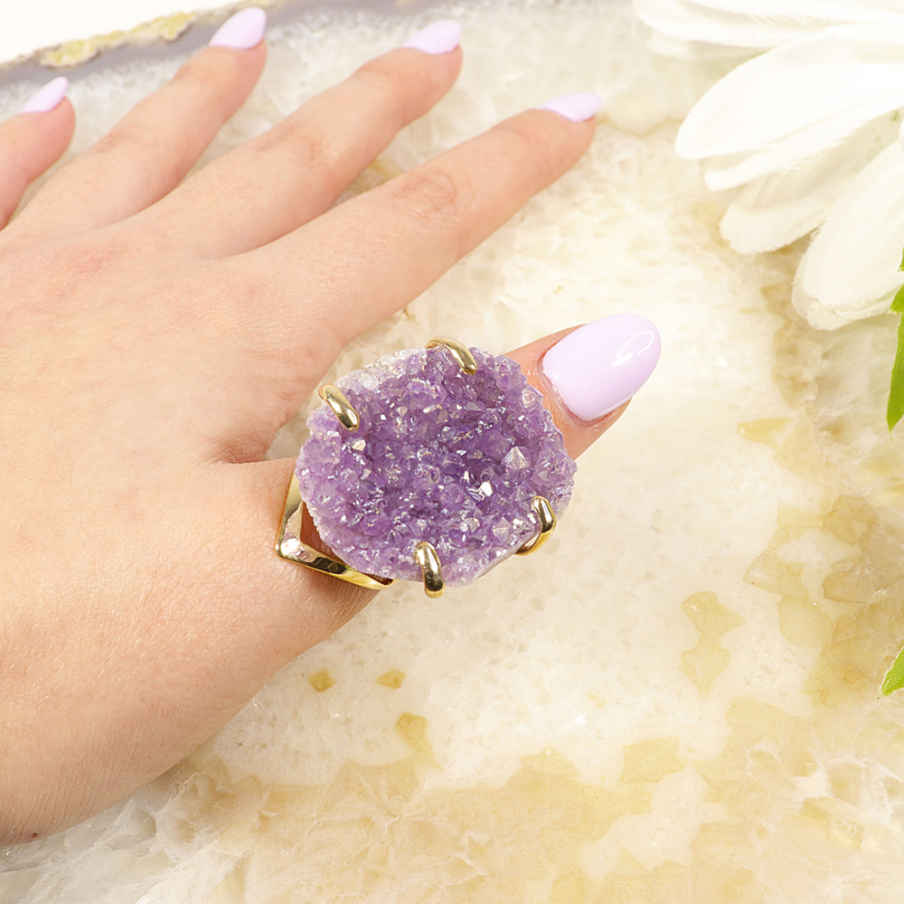 Angel Aura Amethyst Cluster Gold Plated Adjustable Ring - Nature's ...